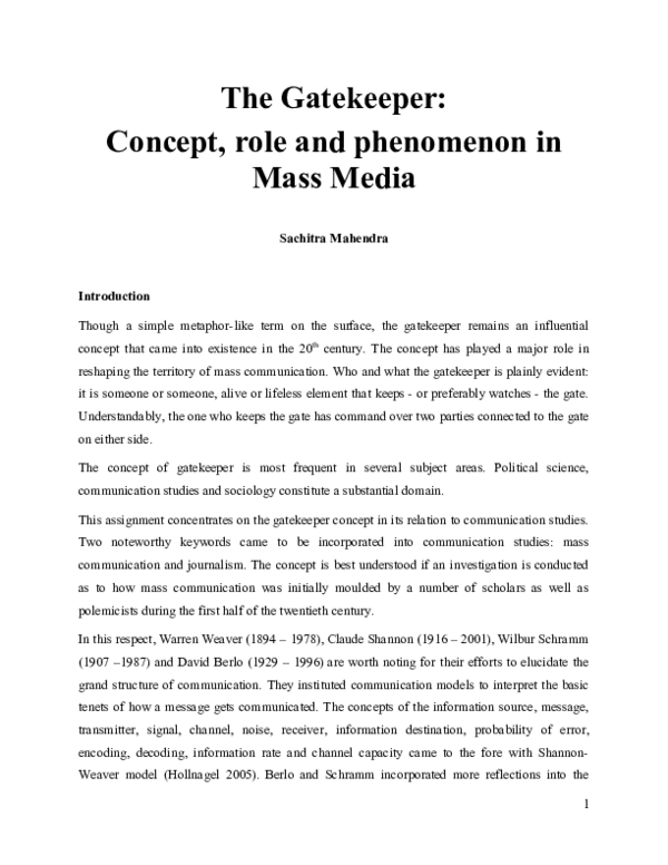 (DOC) The Gatekeeper: Concept, role and phenomenon in Mass Media