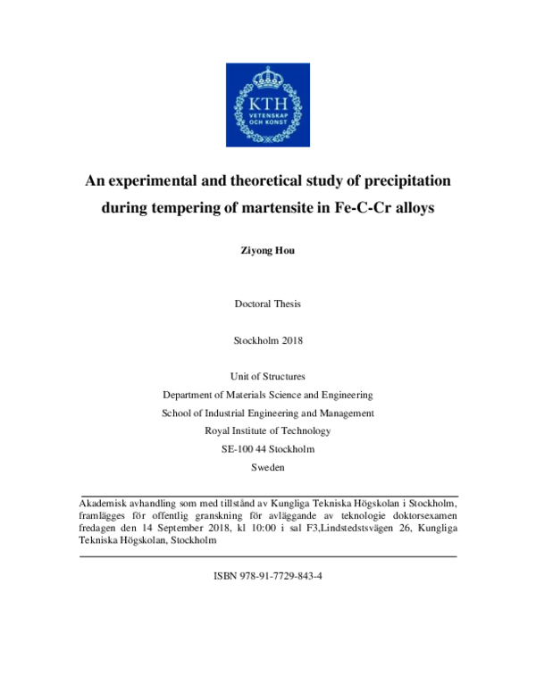 (PDF) An experimental and theoretical study of precipitation during tempering of martensite in ...