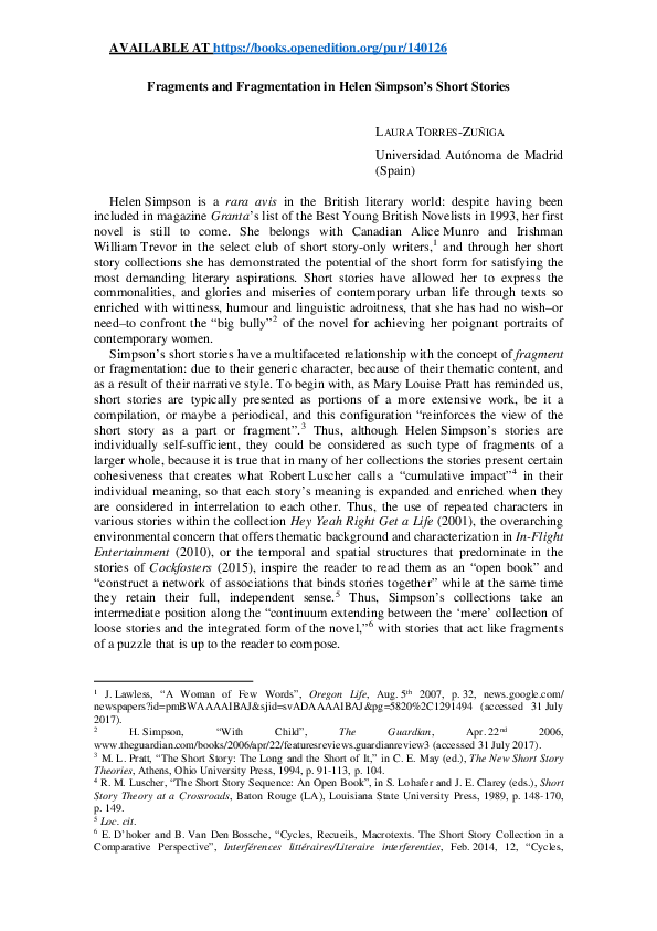 (PDF) Fragmentation in Helen Simpson's Short Stories