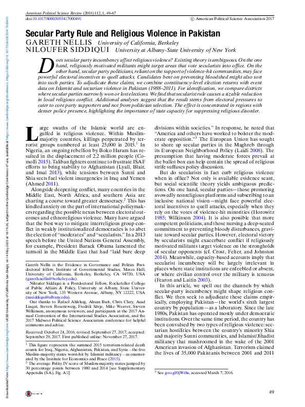 (PDF) Secular Party Rule and Religious Violence in Pakistan
