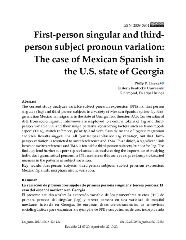(PDF) First-person singular and third-person subject pronoun variation ...