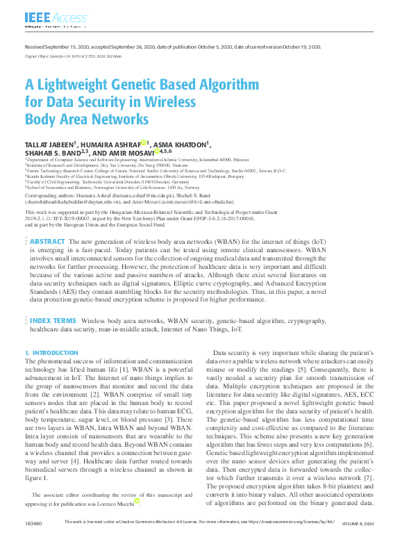 Pdf A Lightweight Genetic Based Algorithm For Data Security In Wireless Body Area Networks