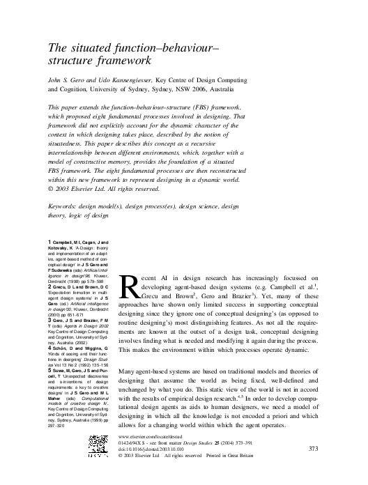 Pdf The Situated Function Behaviour Structure Framework
