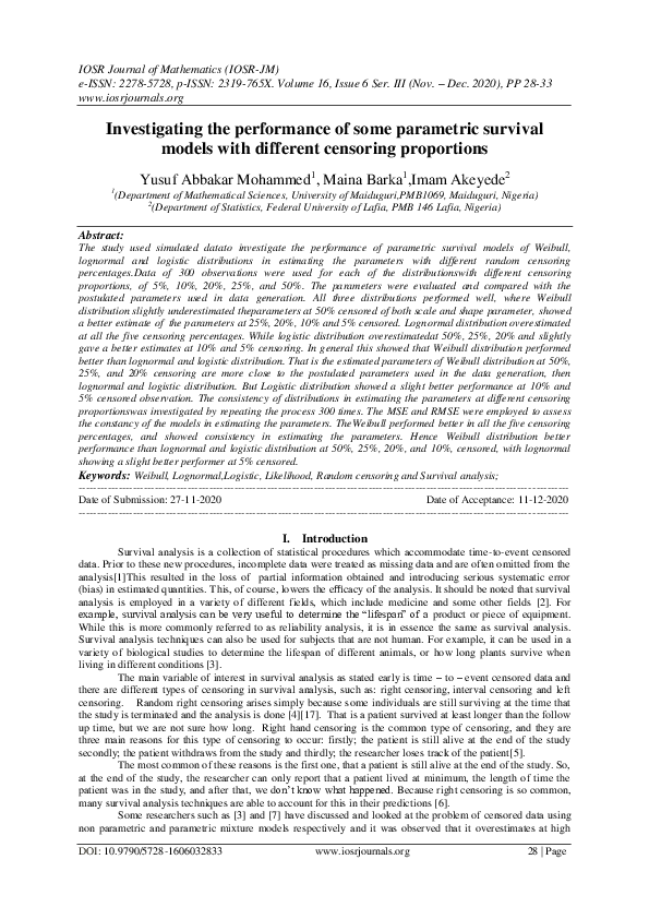 Pdf Investigating The Performance Of Some Parametric Survival Models With Different Censoring
