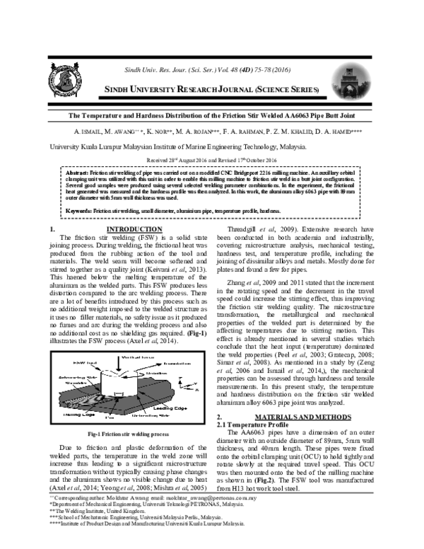 (PDF) The Temperature and Hardness Distribution of the Friction Stir Welded AA6063 Pipe Butt Joint
