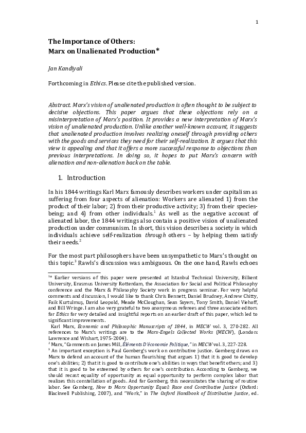 (DOC) The Importance of Others: Marx on Unalienated Production