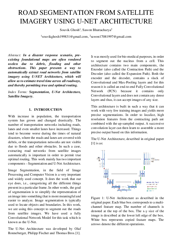 Pdf Road Segmentation From Satellite Imagery Using U Net Architecture