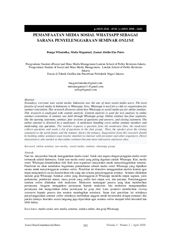 (PDF) PEMANFAATAN MEDIA SOSIAL WHATSAPP SEBAGAI SARANA PENYELENGGARAAN SEMINAR ONLINE