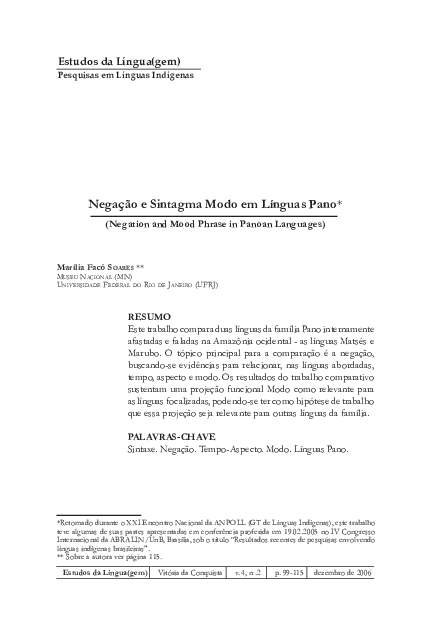 (PDF) Negação e Sintagma Modo em Línguas Pano. (Negation and Mood ...