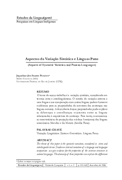 (PDF) Aspectos da Variação Sintática e Línguas Pano (Aspects of ...
