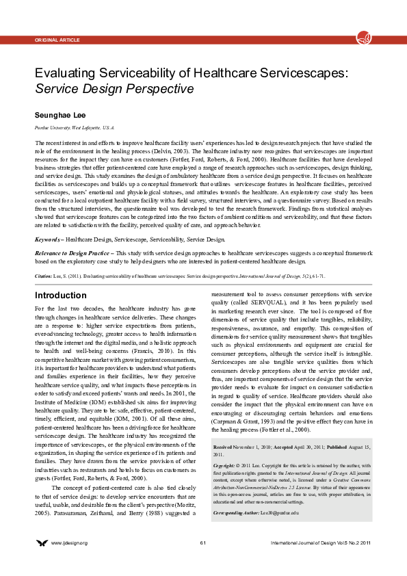 (PDF) Evaluating Serviceability of Healthcare Servicescapes: Service ...