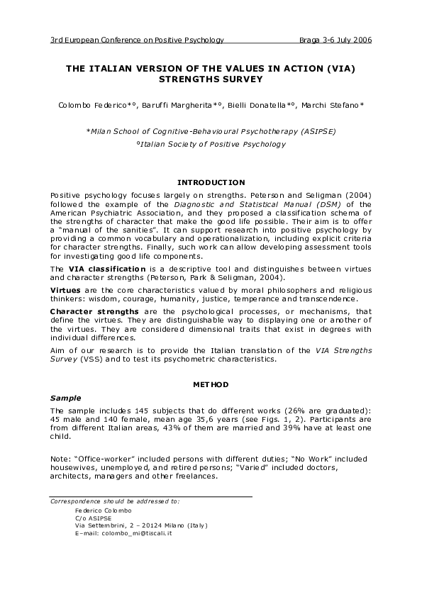 (PDF) The Italian Version of the Values In Action (VIA) Strengths Survey