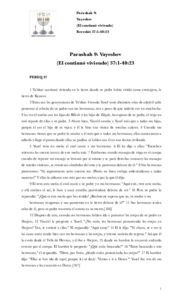 (PDF) PARASHA 9 VAYESHEV BERESHIT 37 1 - 40 23