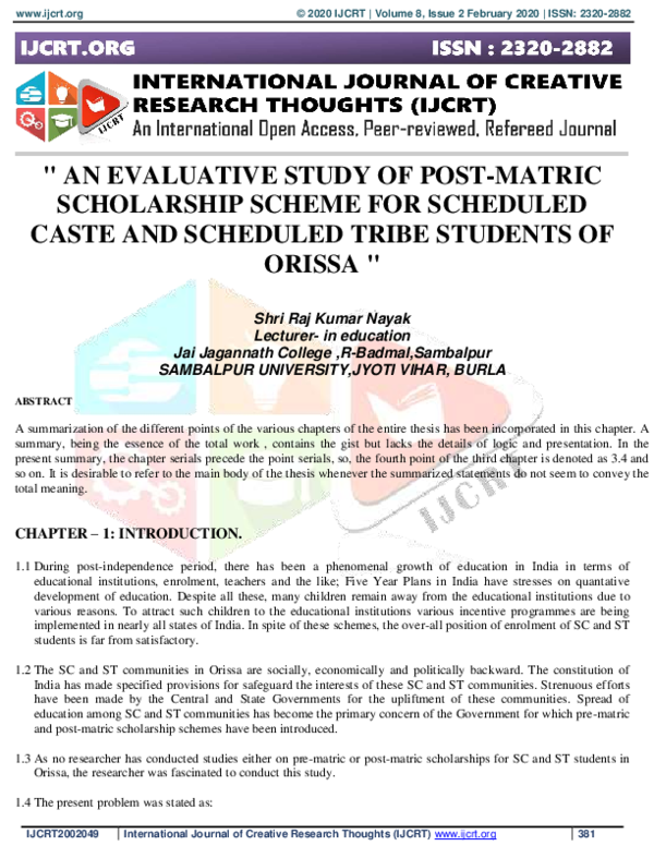 (PDF) " AN EVALUATIVE STUDY OF POST-MATRIC SCHOLARSHIP SCHEME FOR ...