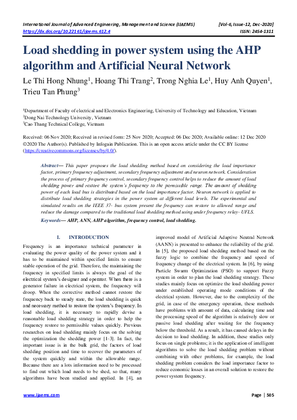 (PDF) Load shedding in power system using the AHP algorithm and Artificial Neural Network
