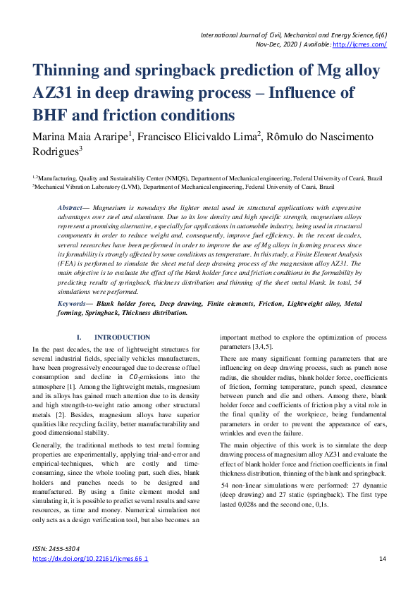 (PDF) Thinning and springback prediction of Mg alloy AZ31 in deep drawing process -Influence of ...