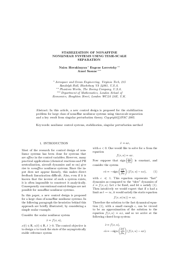 (PDF) Stabilization of nonaffine nonlinear systems using time-scale separation