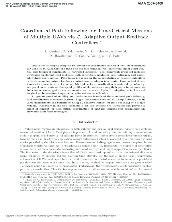 (PDF) Coordinated Path Following for Time-Critical Missions of Multiple UAVs via L1 Adaptive ...