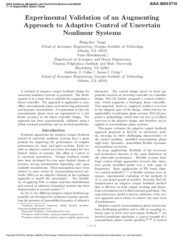 Pdf Experimental Validation Of An Augmenting Approach To Adaptive Control Of Uncertain