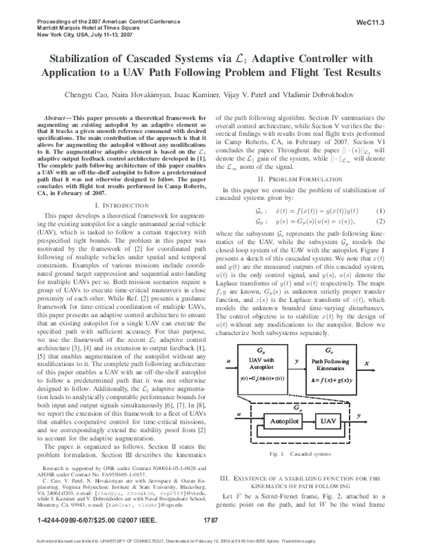 (PDF) Stabilization of Cascaded Systems via L1 Adaptive Controller with Application to a UAV ...