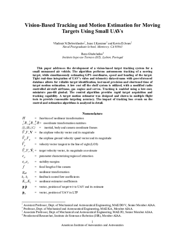 Pdf Vision Based Target Tracking And Motion Estimation Using A Small Uav