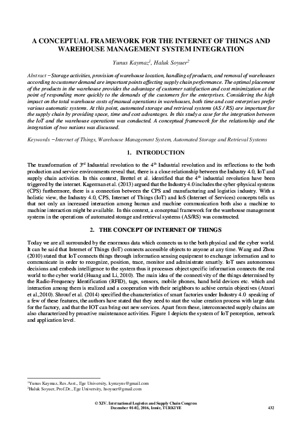 (PDF) A CONCEPTUAL FRAMEWORK FOR THE INTERNET OF THINGS AND WAREHOUSE ...
