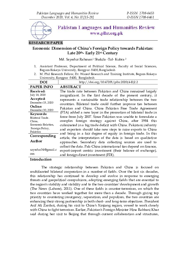 (PDF) Economic Dimension of Chinas Foreign Policy towards Pakistan ...