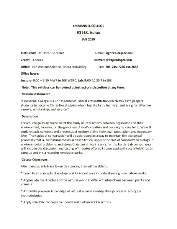 (DOC) Syllabus Ecology course