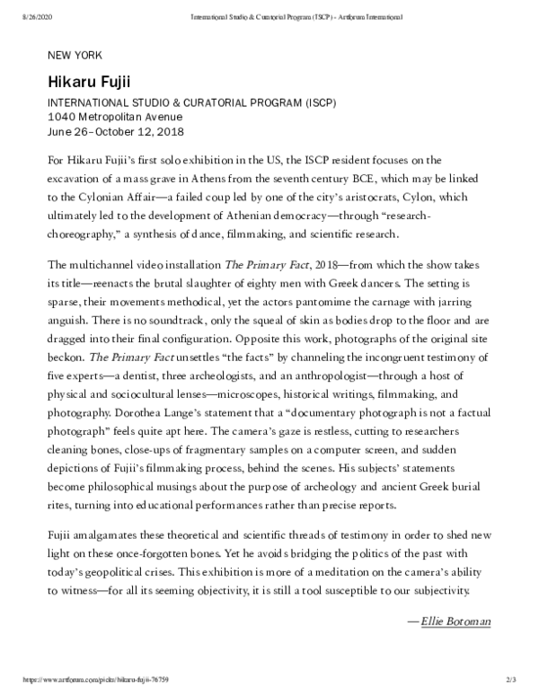 (PDF) Hikaru Fujii at INTERNATIONAL STUDIO & CURATORIAL PROGRAM (ISCP), Artforum