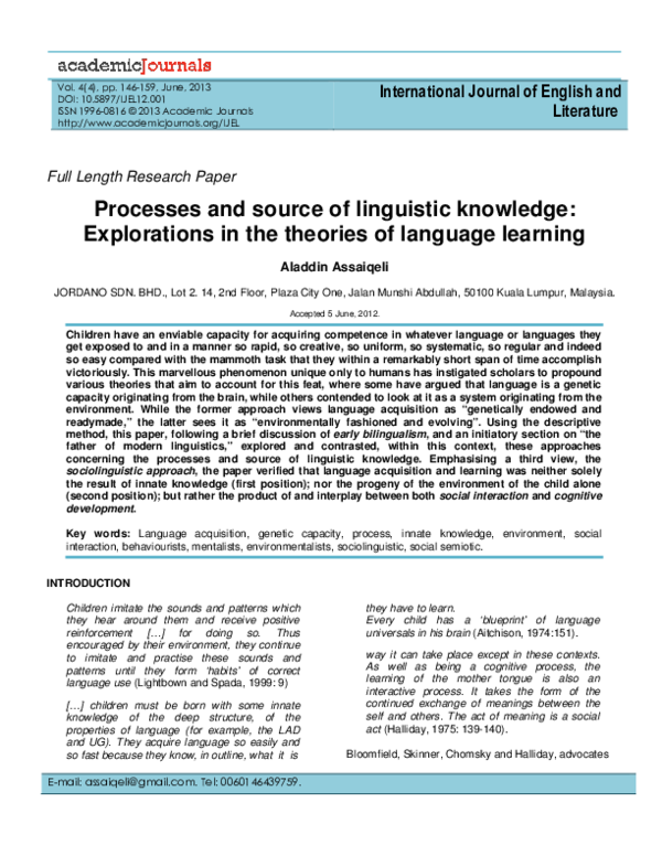(PDF) Processes and source of linguistic knowledge: Explorations in the ...