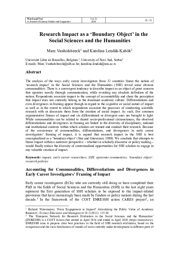 (PDF) Research Impact as a 'Boundary Object' in the Social Sciences and the Humanities ...
