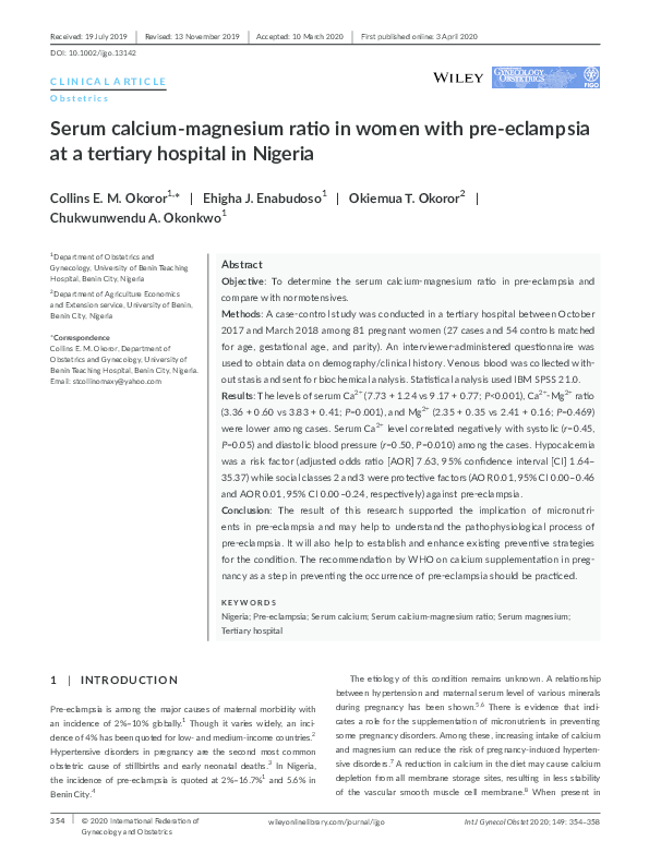 (PDF) Serum calcium-magnesium ratio in women with pre-eclampsia at a ...