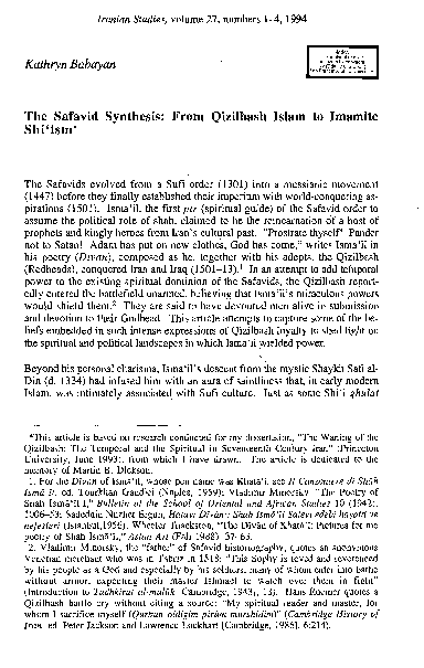 (PDF) The Safavid Synthesis: From Qizilbash Islam to Imamite Shi'ism