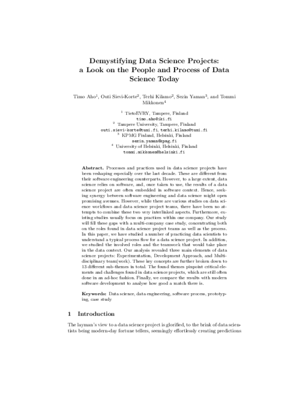 (PDF) Demystifying Data Science Projects: a Look on the People and Process of Data Science Today