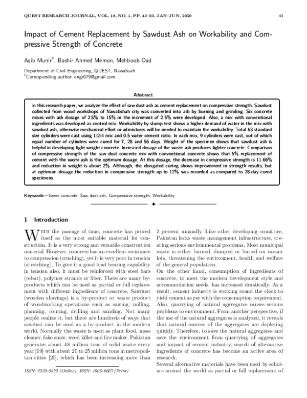 (PDF) Impact of Cement Replacement by Sawdust Ash on Workability and ...