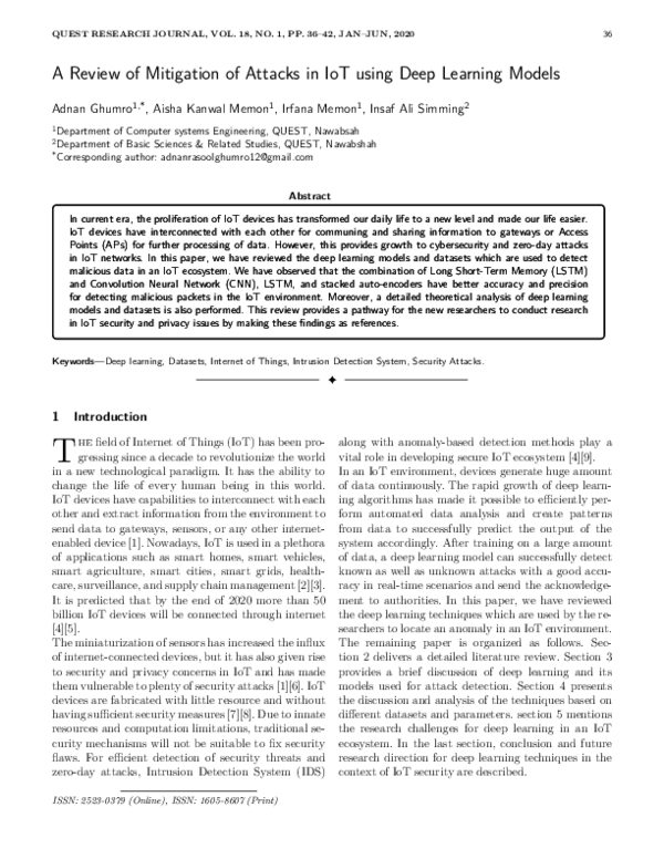 (PDF) A Review of Mitigation of Attacks in IoT using Deep Learning Models