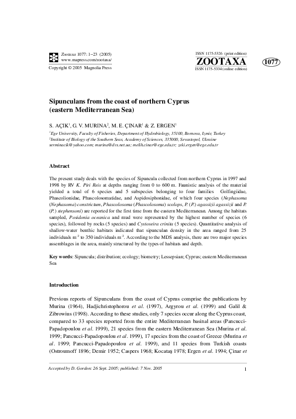 (PDF) Sipunculans from the coast of northern Cyprus (eastern ...