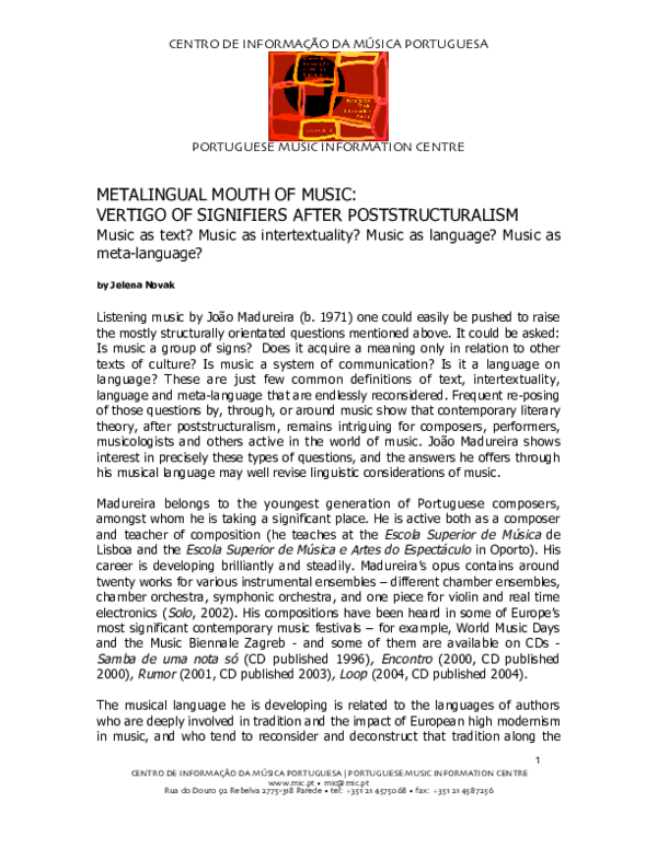 (PDF) Metalingual Mouth of Music: Vertigo of Signifiers after ...