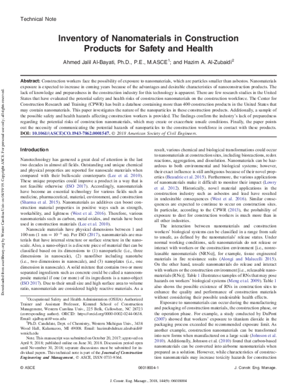 (PDF) Inventory of Nanomaterials in Construction Products for Safety and Health