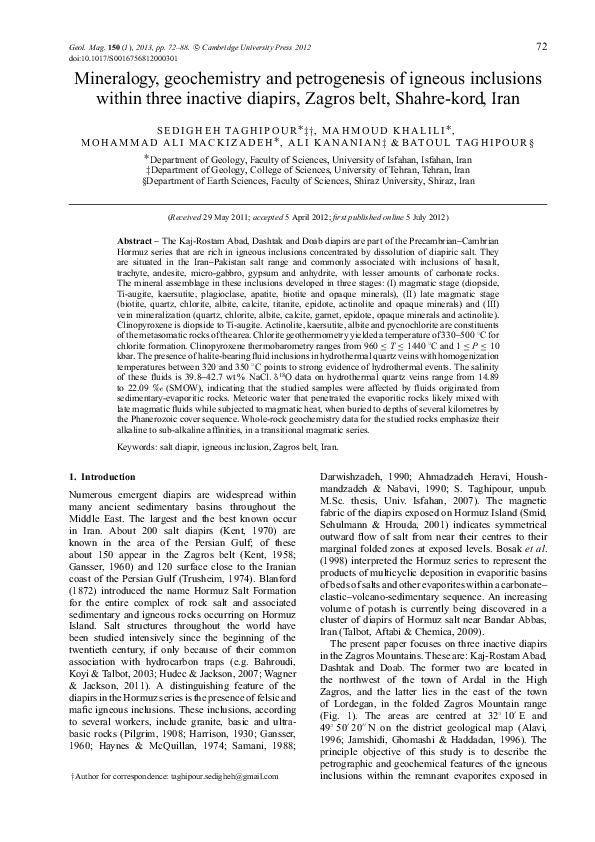 (PDF) Mineralogy, geochemistry and petrogenesis of igneous inclusions within three inactive ...