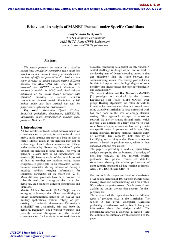 (PDF) Behavioural Analysis of MANET Protocol under Specific Conditions