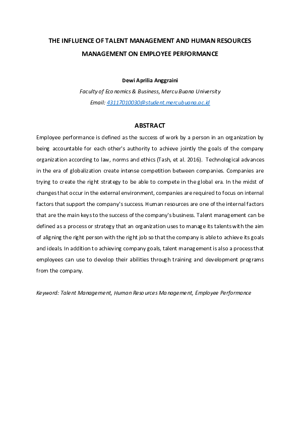 (PDF) THE INFLUENCE OF TALENT MANAGEMENT AND HUMAN RESOURCES MANAGEMENT ...