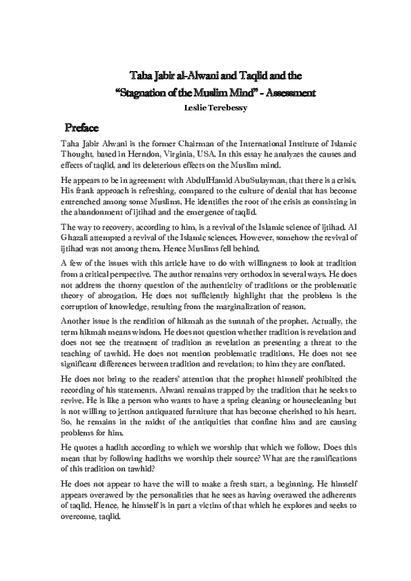 (PDF) "Taha Jabir Alwani: Taqlid and the Stagnation of the Muslim Mind ...