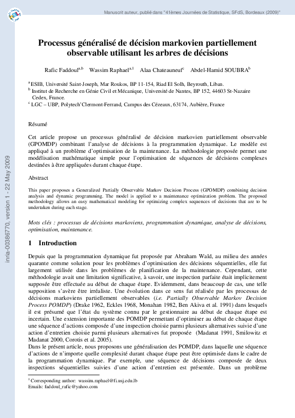 (PDF) Processus généralisé de décision markovien partiellement observable utilisant les arbres ...