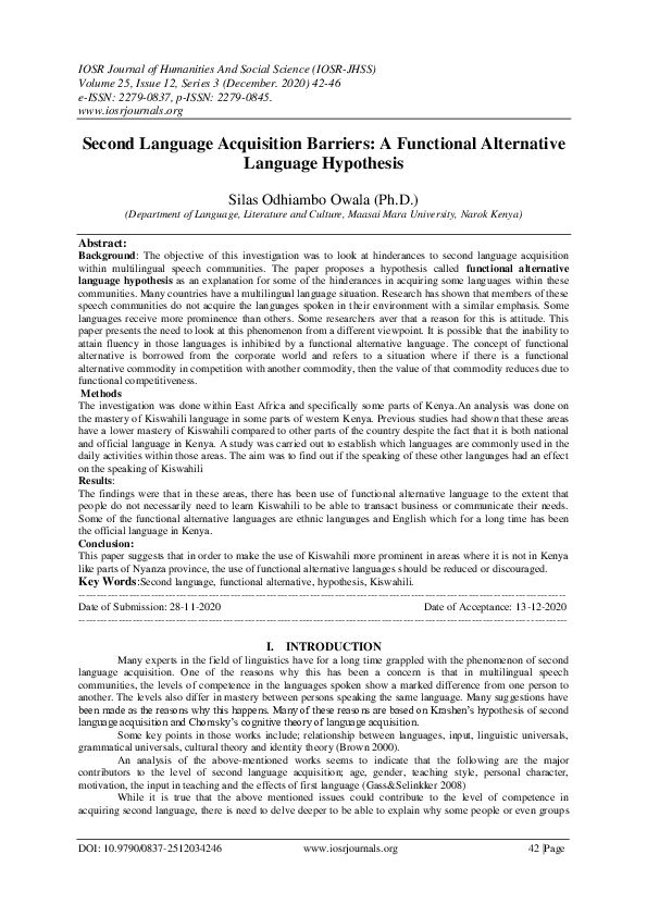 (PDF) Second Language Acquisition Barriers: A Functional Alternative ...