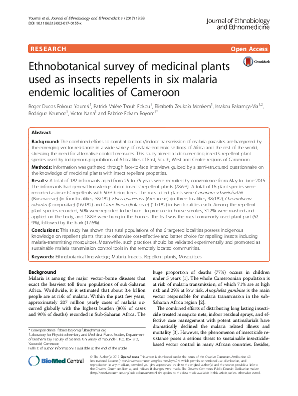 (PDF) Ethnobotanical survey of medicinal plants used as insects repellents in six malaria ...