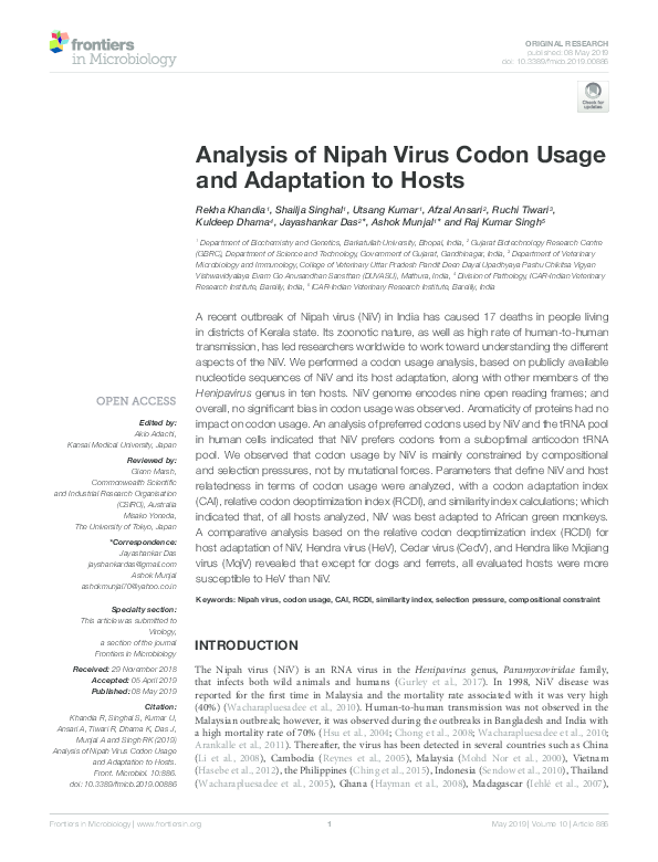 Pdf Analysis Of Nipah Virus Codon Usage And Adaptation To Hosts