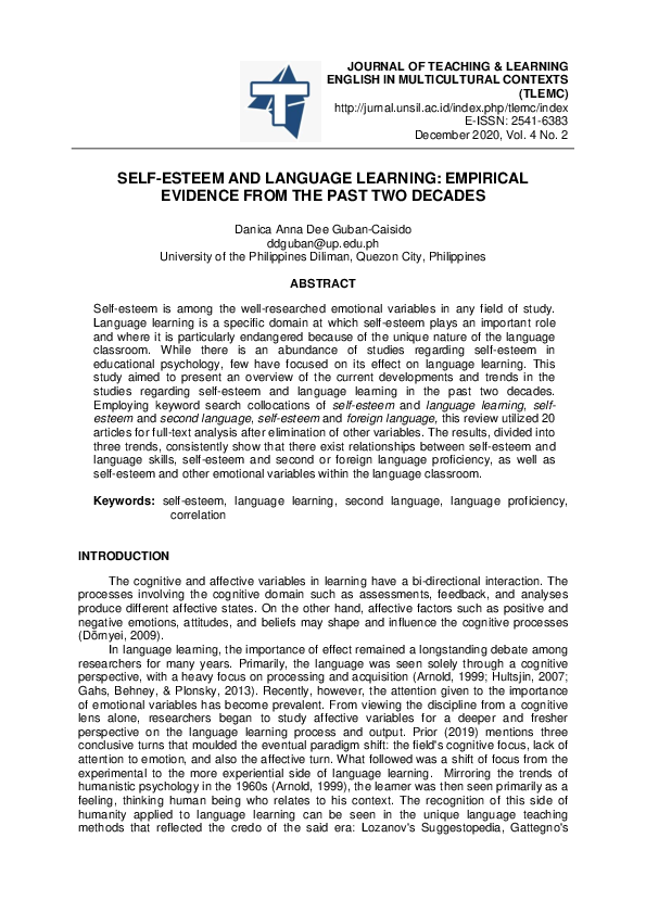 (PDF) SELF-ESTEEM AND LANGUAGE LEARNING: EMPIRICAL EVIDENCE FROM THE ...