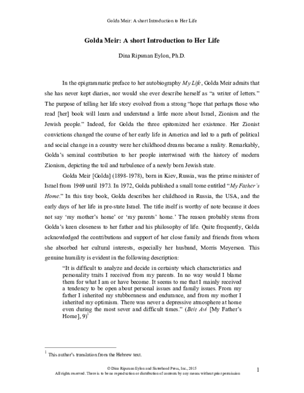 (PDF) Golda Meir: A Short Introduction to Her Life