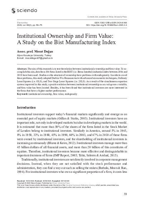 (PDF) Institutional Ownership and Firm Value: A Study on the Bist Manufacturing Index